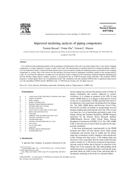 Pdf Improved Ratcheting Analysis Of Piping Components