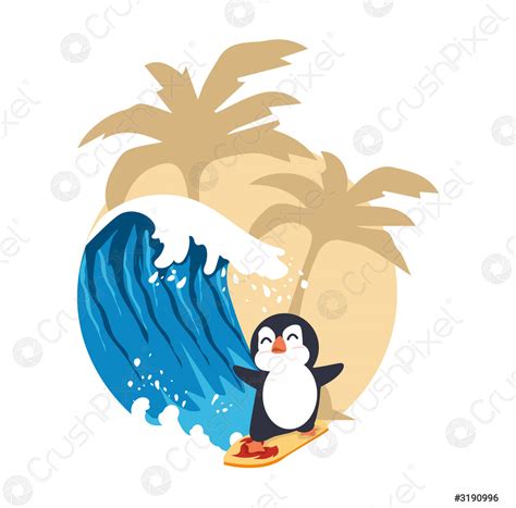 Cute Penguin Surfing Big Wave Stock Vector 3190996 Crushpixel