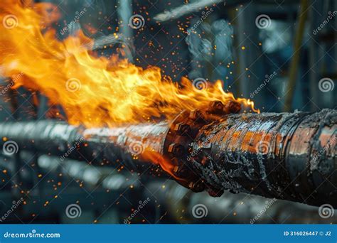 Industrial Pipeline On Fire With Intense Flames And Sparks Symbolizing Energy And Danger Stock