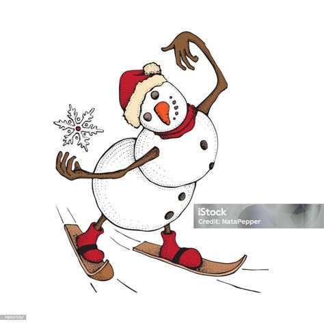 재미 눈사람 스키 귀여운 겨울 휴가입니다 모자와 니트 스카프의 캐릭터가 눈송이를 잡습니다 흰색 배경에 격리 된 손으로 그린 낙서 그림입니다 메리 크리스마스와 새해 복 설