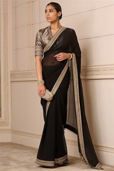 Black Chiffon Embroidered Saree Set Design By Tarun Tahiliani At Pernia