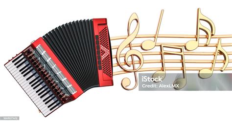 음악적 개념입니다 아코디언 음악 노트와 흰색 배경에 고립 된 3 차원 렌더링 아코디언 악기에 대한 스톡 사진 및 기타 이미지 아코디언 악기 3차원 형태 음표 Istock