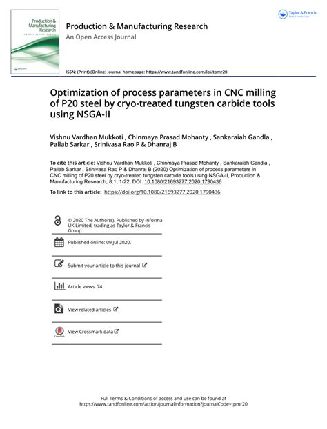Pdf Optimization Of Process Parameters In Cnc Milling Of P20 Steel By Cryo Treated Tungsten