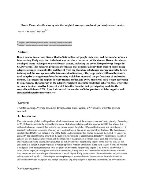 PDF Breast Cancer Classification By Adaptive Weighted Average Ensemble Of Previously Trained