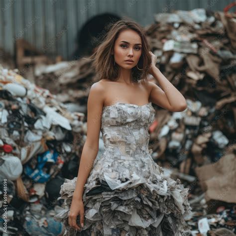 Beautiful Woman In A Fashion Dress Posing In A Pile Of Trash