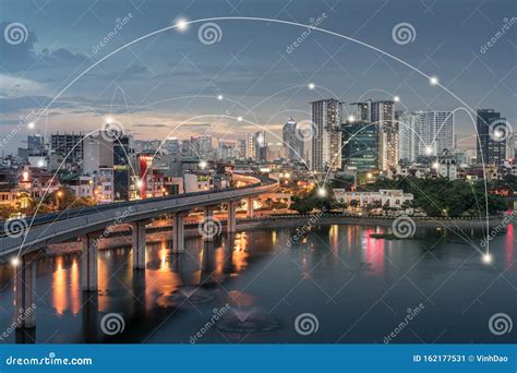Smart City And Wireless Communication Network Concept Digital Network Connection Lines Of Hanoi