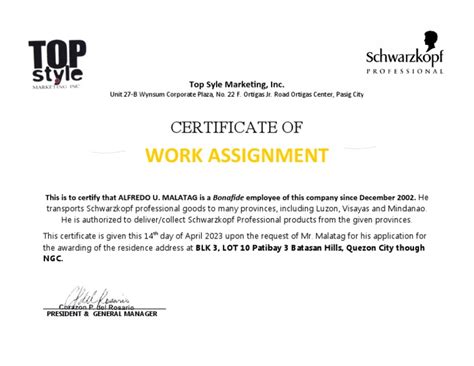 Certificate Of Work Assignment Pdf