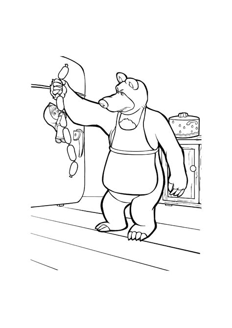 Раскраска Маша и медведь с сосисками распечатать Happybrushes