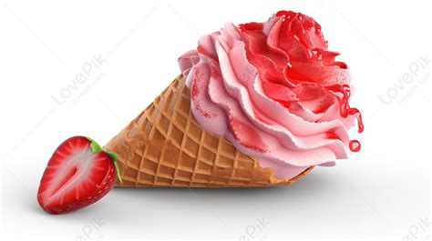 흰색 배경에 클리핑 패스를 사용하여 바삭한 콘에 딸기 아이스크림의 맛있는 3d 렌더링 이미지 패스 배경 아이 배경 길 배경 이미지 Hd 패스 아이 길 배경 사진
