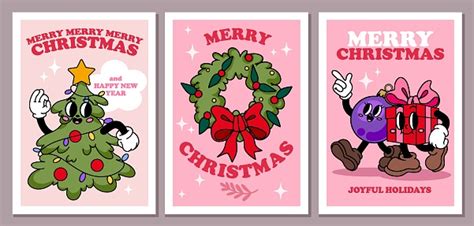 유행 복고풍 만화 스타일 크리스마스 트리 순록 방울 및 선물 인사말 카드 템플릿 포스터 인쇄물 파티 초대장 및 배경 선물에 대한 스톡 벡터 아트 및 기타 이미지 Istock