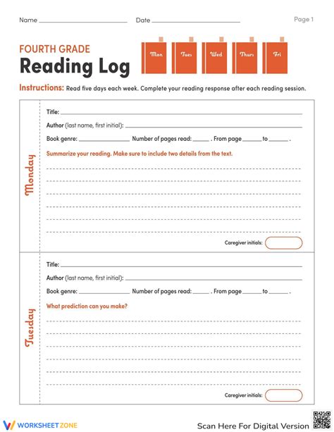 Fourth Grade Reading Log Worksheet