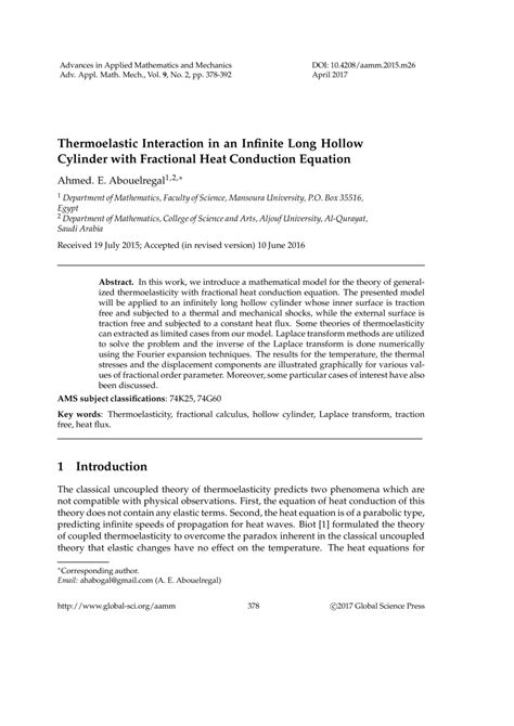 Global Science Press Thermoelastic Interaction In An Infinite Long Hollow Cylinder With