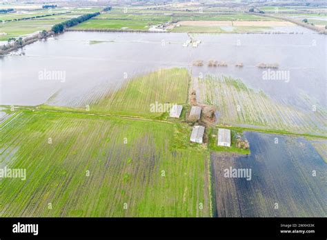 Drone Aerial View Of Flooded Agricultural Fields After Spring Rains