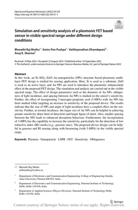 Simulation And Sensitivity Analysis Of A Plasmonic Fet Based Sensor In