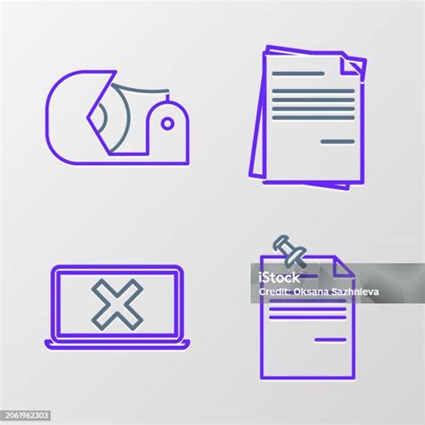 고정된 푸시 버튼이 있는 라인 노트 용지 노트북 및 십자 표시 화면 파일 문서 및 스카치 아이콘을 설정합니다 벡터 개념에 대한 스톡 벡터 아트 및 기타 이미지 Istock