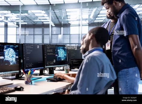 Admin Doing Brainstorming With Colleagues In Server Farm Using Artificial Intelligence