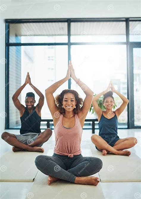 Yoga Class And Diversity In Namaste Portrait Exercise And Together To