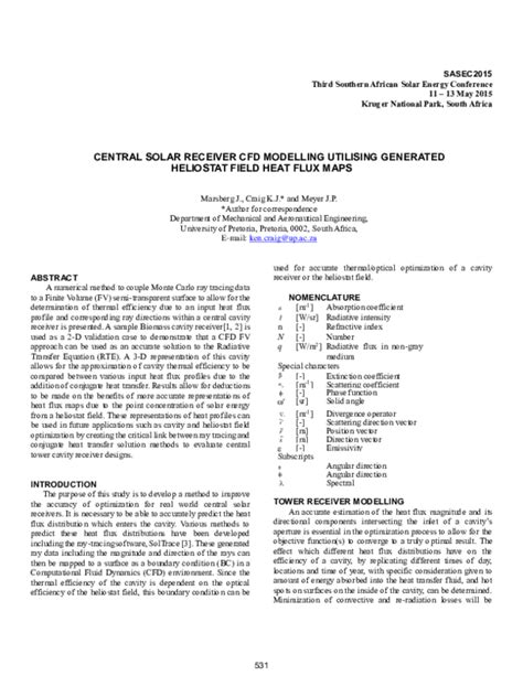 Pdf Central Solar Receiver Cfd Modelling Utilising Generated Heliostat Field Heat Flux Maps
