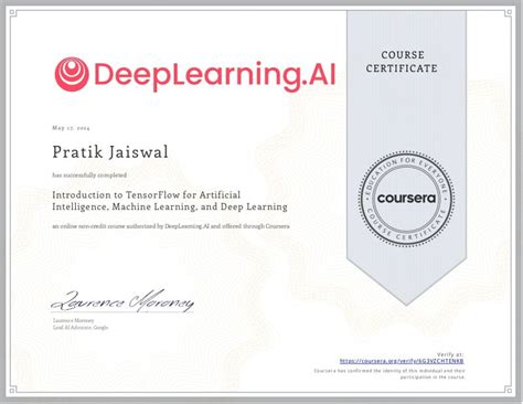 Earned Tensorflow Certificate From Deeplearningai Pratik Jaiswal