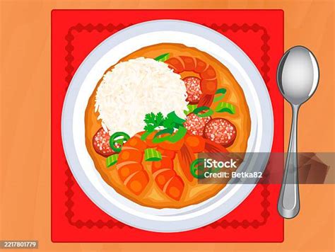 새우 소시지 쌀을 곁들인 Gumbo 수프 접시 평면도 벡터 일러스트 레이 션 건강한 식생활에 대한 스톡 벡터 아트 및 기타 이미지 건강한 식생활 검보 고기 Istock