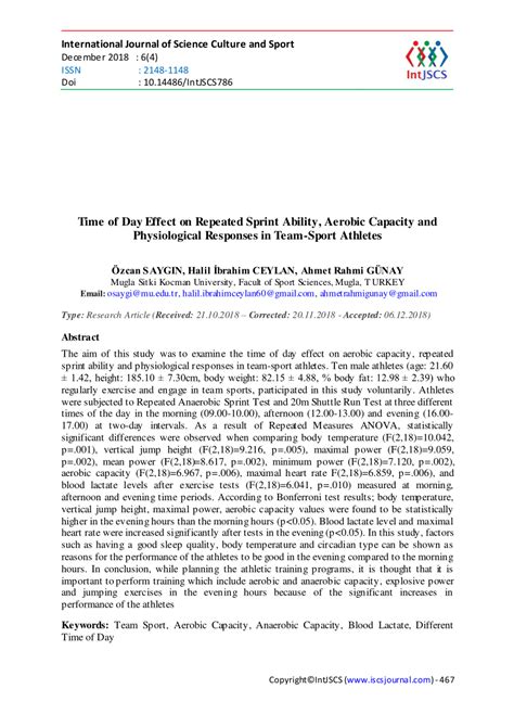 Pdf Time Of Day Effect On Repeated Sprint Ability Aerobic Capacity And Physiological