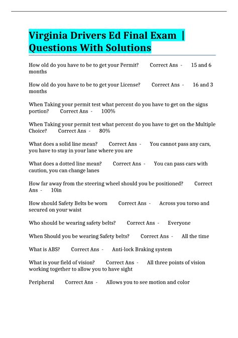 Virginia Drivers Ed Final Exam Questions With Solutions Virginia Drivers Ed Stuvia Us