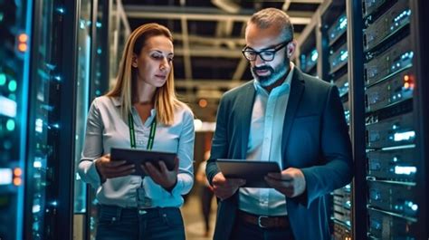 Premium Photo Male And Female It Engineers Using Tablets To Monitor Servers In Server Room
