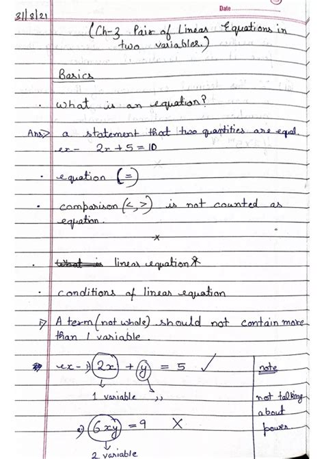 Cbse Class 10 Maths Chapter 3 Linear Equations Notes Topper Notes Summary Handwritten