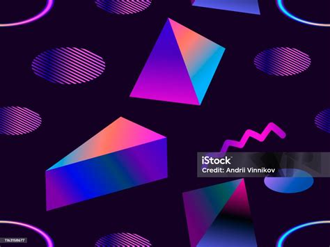 80 년대 스타일의 기하학적 모양과 원활한 패턴 검은색 배경의 아이소메트릭 3d 오브젝트입니다 포장지 인쇄 및 직물용 벡터 일러스트레이션 1980 1989 년에 대한 스톡