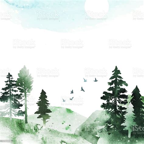 수채화 자연 벡터 템플릿입니다 봄 녹색 언덕 새와 침엽수 림 나무의 벡터 실루엣입니다 텍스트 또는 삽화를 위한 장소가 있는 손으로 그린 프레임 나무에 대한 스톡 벡터 아트