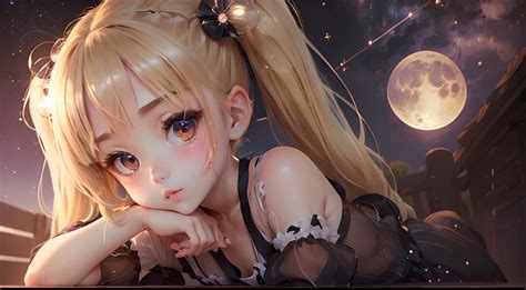 긴 금발 머리에 검은 드레스를 입고 사진을 찍고 있는 애니메이션 소녀 SeaArt AI