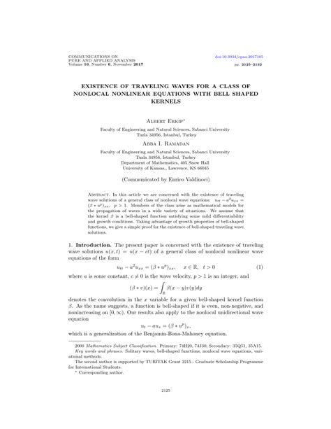 Pdf Existence Of Traveling Waves For A Class Of Nonlocal Nonlinear Equations With Bell Shaped