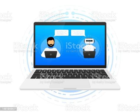 챗봇 지원 개념 컴퓨터에서 챗봇과 인간의 의사 소통 가상 봇과의 온라인 메시징 벡터 그림입니다 가상현실에 대한 스톡 벡터 아트 및 기타 이미지 Istock