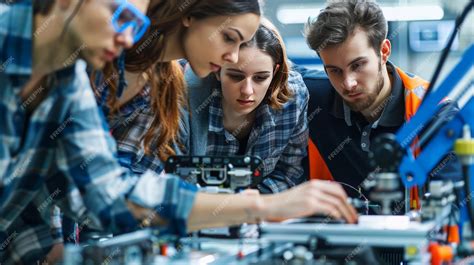 engineers and technicians brainstorming over a prototype in a research