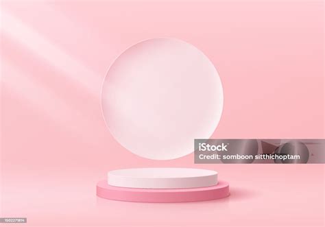 3d 흰색과 분홍색 실린더 받침대 연단 발렌타인 배경에 엠보싱 서클 벽 장면이 있습니다 최소 모형 제품 무대 진열장 화장품 판촉 디스플레이 추상 벡터 기하학적 플랫폼 0명에
