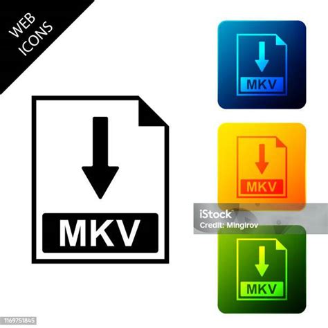 Mkv 파일 문서 아이콘입니다 격리 된 Mkv 버튼 아이콘을 다운로드합니다 설정 아이콘 다채로운 사각형 버튼 벡터 일러스트레이션 Hd 포맷에 대한 스톡 벡터 아트 및 기타