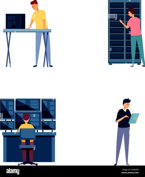 System Administration Icons Set Cartoon Vector Man Adjusting Network