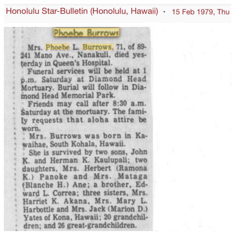 Phoebe Leialoha Kaanaana Burrows 1907 1979 Find A Grave Memorial