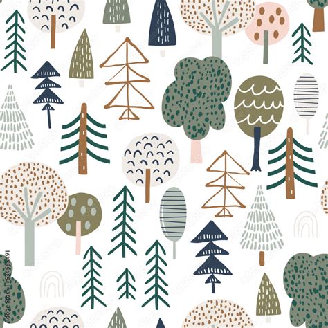 Woodland Seamless Pattern Trendy Forest Texture With Abstract Hand Drawn Tree Perfect For