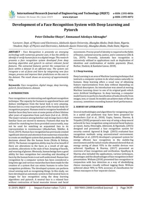 Irjet Development Of A Face Recognition System With Deep Learning And Pytorch Pdf