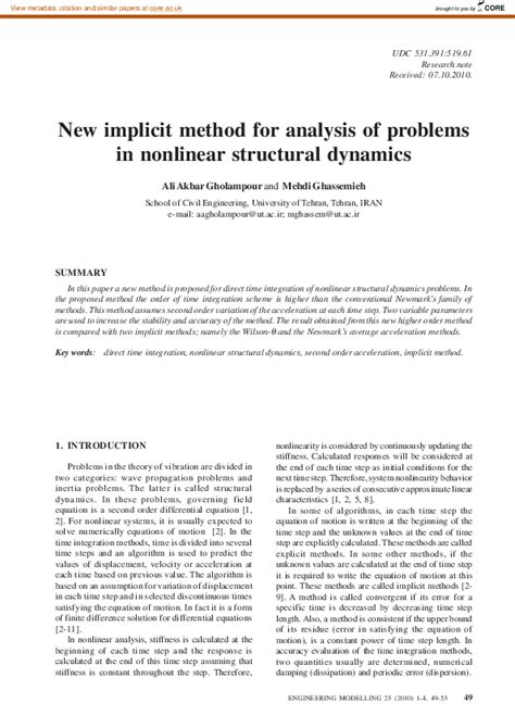 Pdf New Implicit Method For Analysis Of Problems In Nonlinear Structural Dynamics Nova