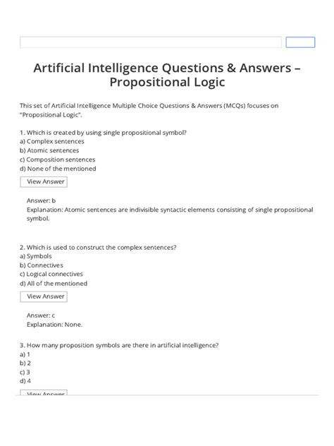 Propositional Logic Artificial Intelligence Questions And Answers