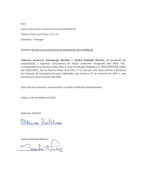 Carta Denúncia De Contrato De Arrendamento Pdf