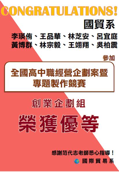 【國貿系】恭賀 本系學生參加全國高中職經營企劃案暨專題製作競賽榮獲 創業企劃組優等獎