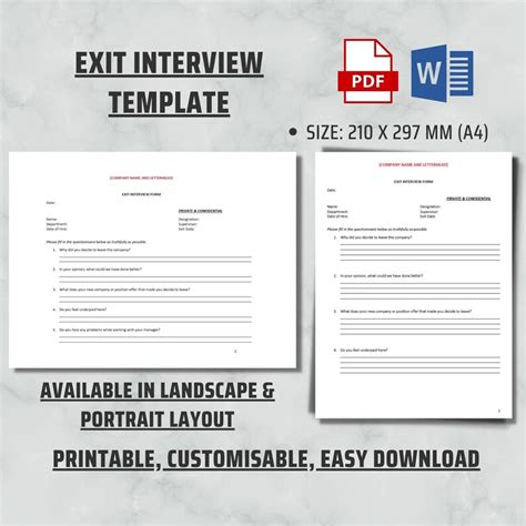 Exit Interview Template Word And PDF Template For Employer Etsy