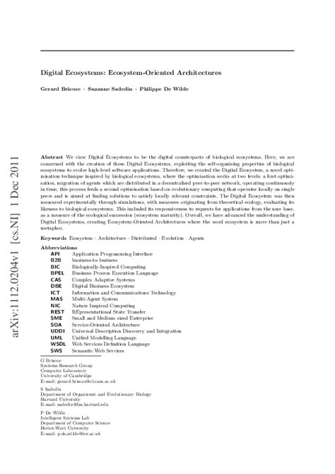 Pdf Digital Ecosystems Ecosystem Oriented Architectures Suzanne Sadedin