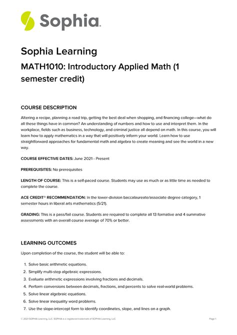 Sophia Introductory Applied Math Syllabus Sophia Learning Math1010