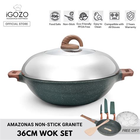 Igozo Amazonas Non Stick Granite 36cm Wok [free Items Frying Pan 24cm Cookware Set Kuali Periuk