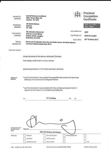 Certificate Of Practical Completion Template