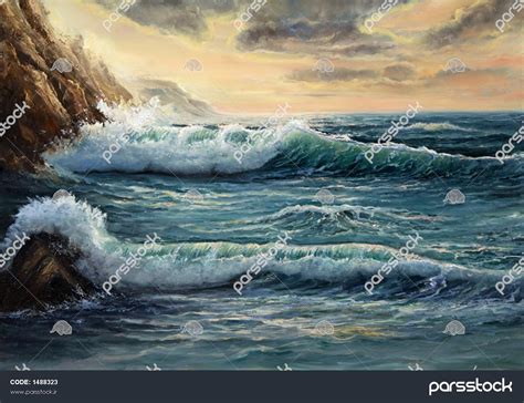 نقاشی اصلی روغن که اقیانوس یا دریا ساحل یا ساحل روی بوم را نشان می دهد